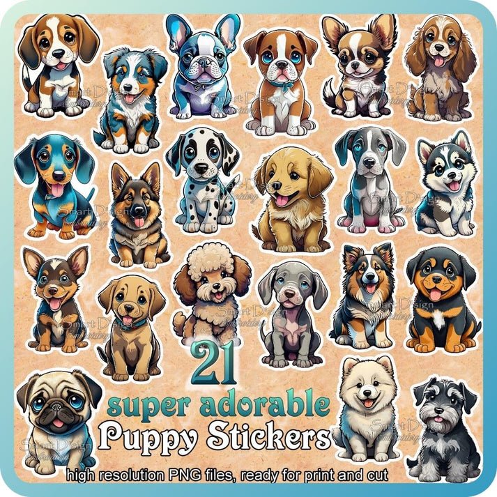 21 SUPER CUTE PUPPY STICKERS PNG Files for Print & Cut, Sublimation ...